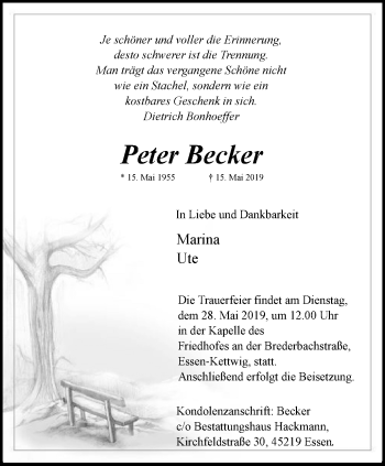 Traueranzeigen von Peter Becker | Trauer-in-NRW.de