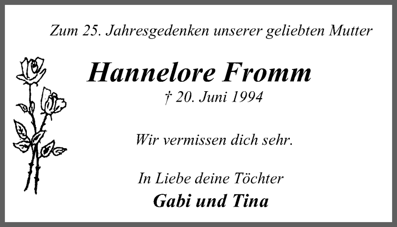Traueranzeigen von Hannelore Fromm | Trauer-in-NRW.de