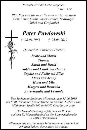 Traueranzeigen von Peter Pawlowski | Trauer-in-NRW.de