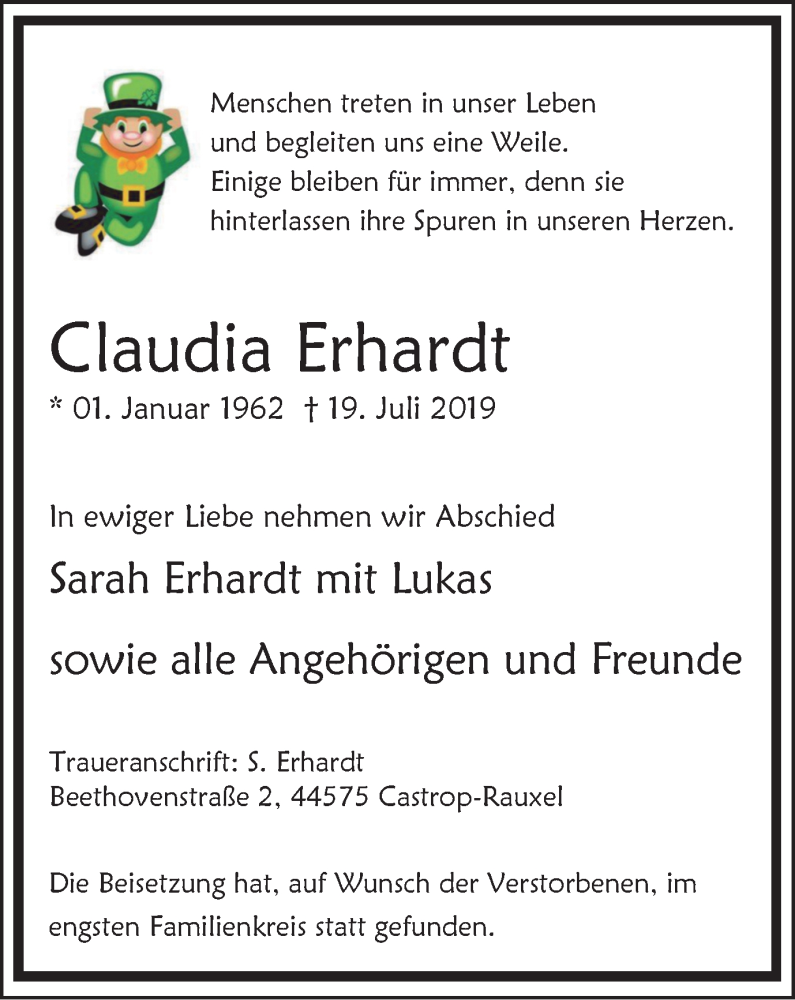 Traueranzeigen von Claudia Erhardt | Trauer-in-NRW.de