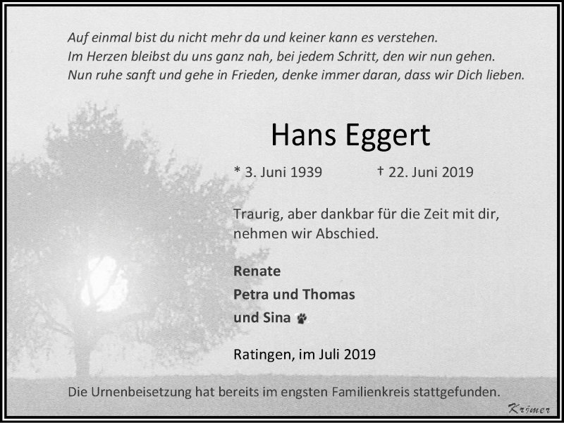 Traueranzeigen von Hans Eggert | Trauer-in-NRW.de