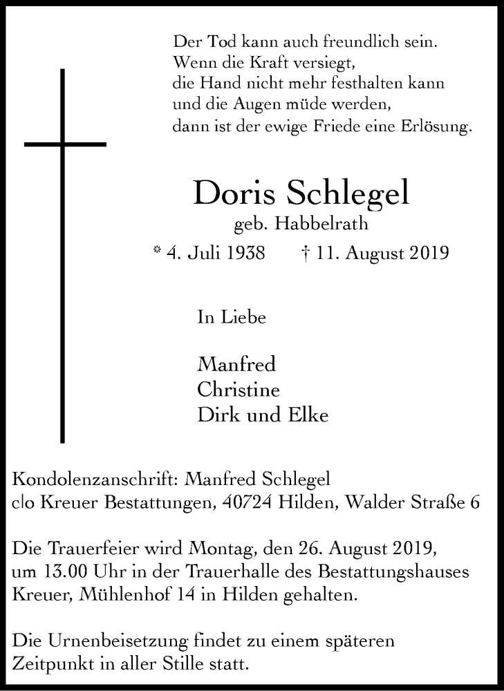 Traueranzeigen von Doris Schlegel | Trauer-in-NRW.de