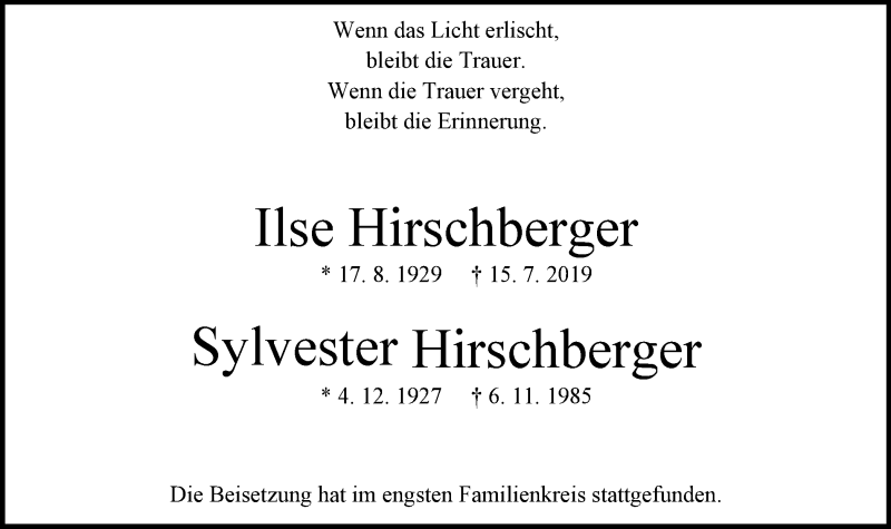 Traueranzeigen von Ilse Hirschberger | Trauer-in-NRW.de