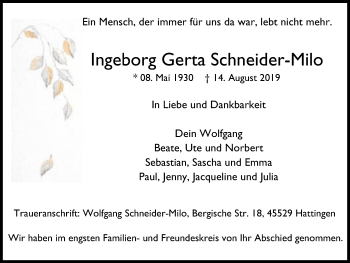 Traueranzeigen von Ingeborg Gerta Schneider-Milo | Trauer-in-NRW.de