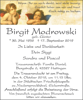 Traueranzeigen von Birgit Modrowski | Trauer-in-NRW.de