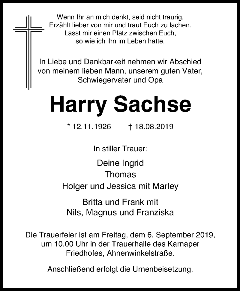 Traueranzeigen von Harry Sachse | Trauer-in-NRW.de