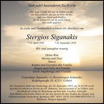 Traueranzeigen von Stergios Siganakis | Trauer-in-NRW.de