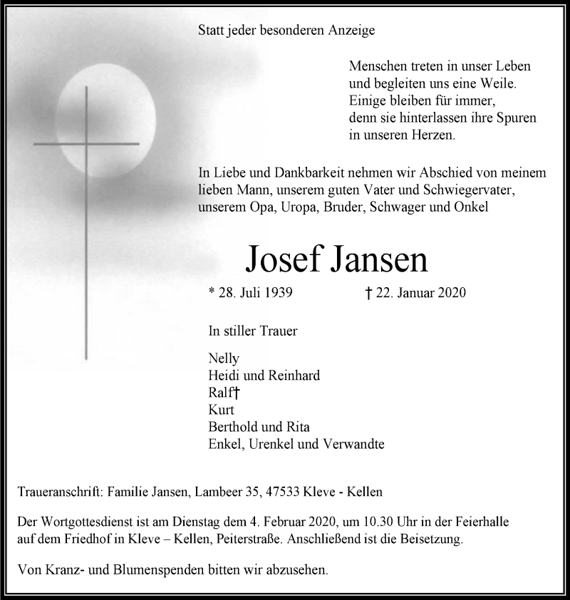 Traueranzeigen von Josef Jansen | Trauer-in-NRW.de