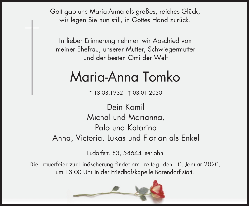 Traueranzeigen von Maria-Anna Tomko | Trauer-in-NRW.de