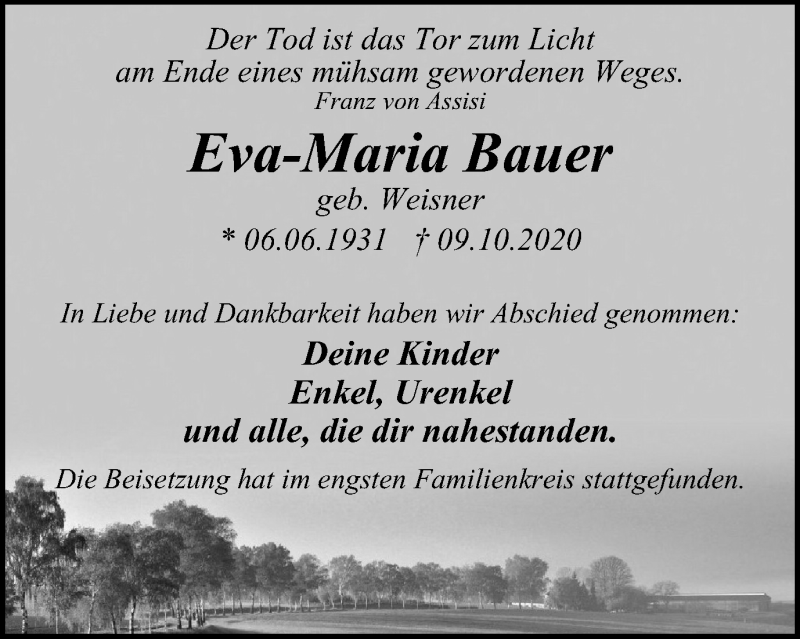 Traueranzeigen von Eva-Maria Bauer | Trauer-in-NRW.de