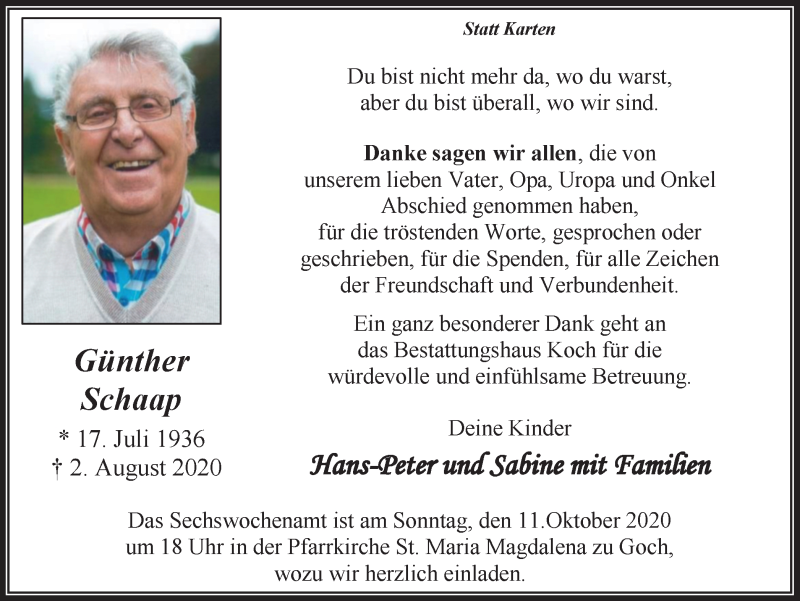 Traueranzeigen von Günther Schaap | Trauer-in-NRW.de