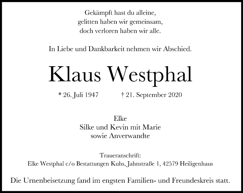 Traueranzeigen von Klaus Westphal | Trauer-in-NRW.de