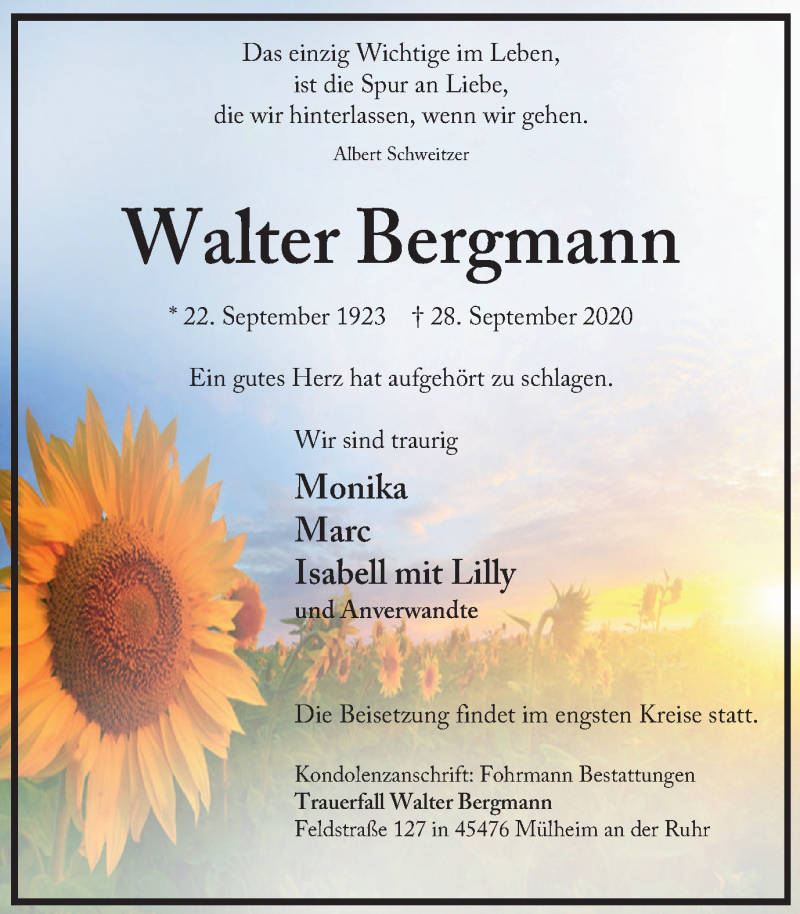 Traueranzeigen von Walter Bergmann | Trauer-in-NRW.de
