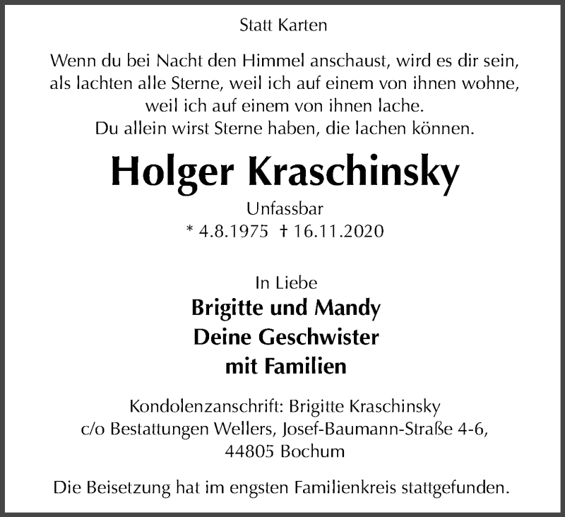 Traueranzeigen von Holger Kraschinsky | Trauer-in-NRW.de