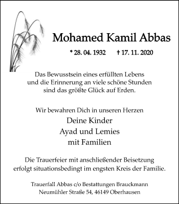 Traueranzeigen von Mohamed Kamil Abbas | Trauer-in-NRW.de