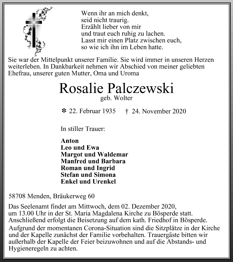 Traueranzeigen von Rosalie Palczewski | Trauer-in-NRW.de