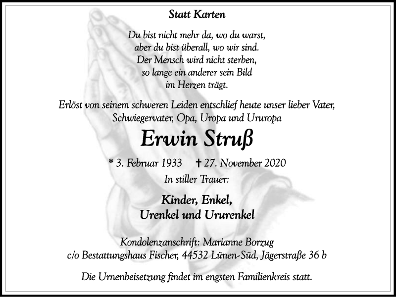 Traueranzeigen von Erwin Struß | Trauer-in-NRW.de