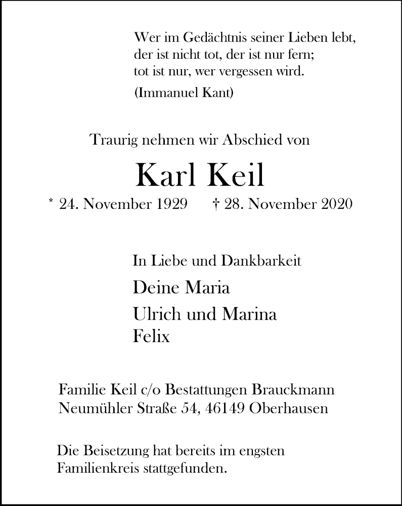 Traueranzeigen von Karl Keil | Trauer-in-NRW.de