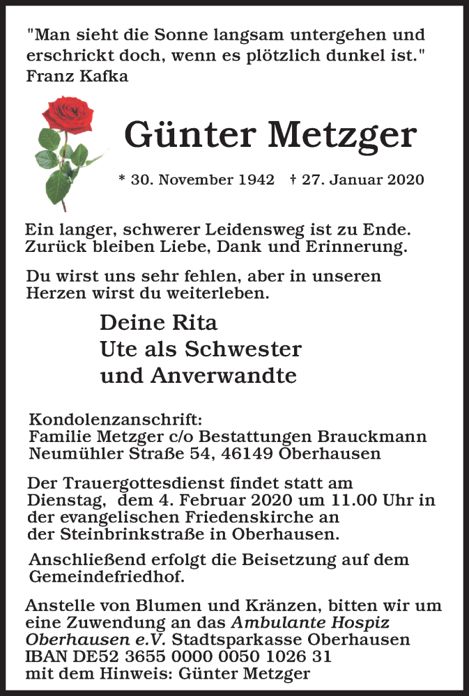 Traueranzeigen von Günter Metzger | Trauer-in-NRW.de