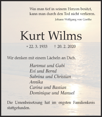 Traueranzeigen von Kurt Wilms | Trauer-in-NRW.de