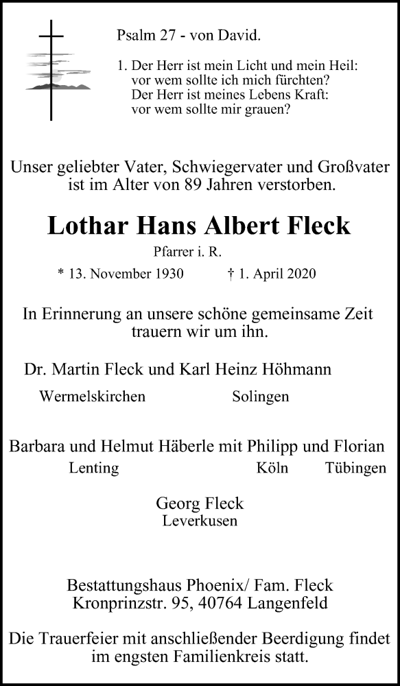 Traueranzeigen von Lothar Hans Albert Fleck | Trauer-in-NRW.de