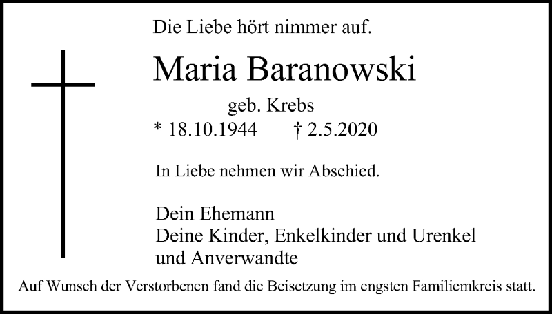 Traueranzeigen von Maria Baranowski | Trauer-in-NRW.de