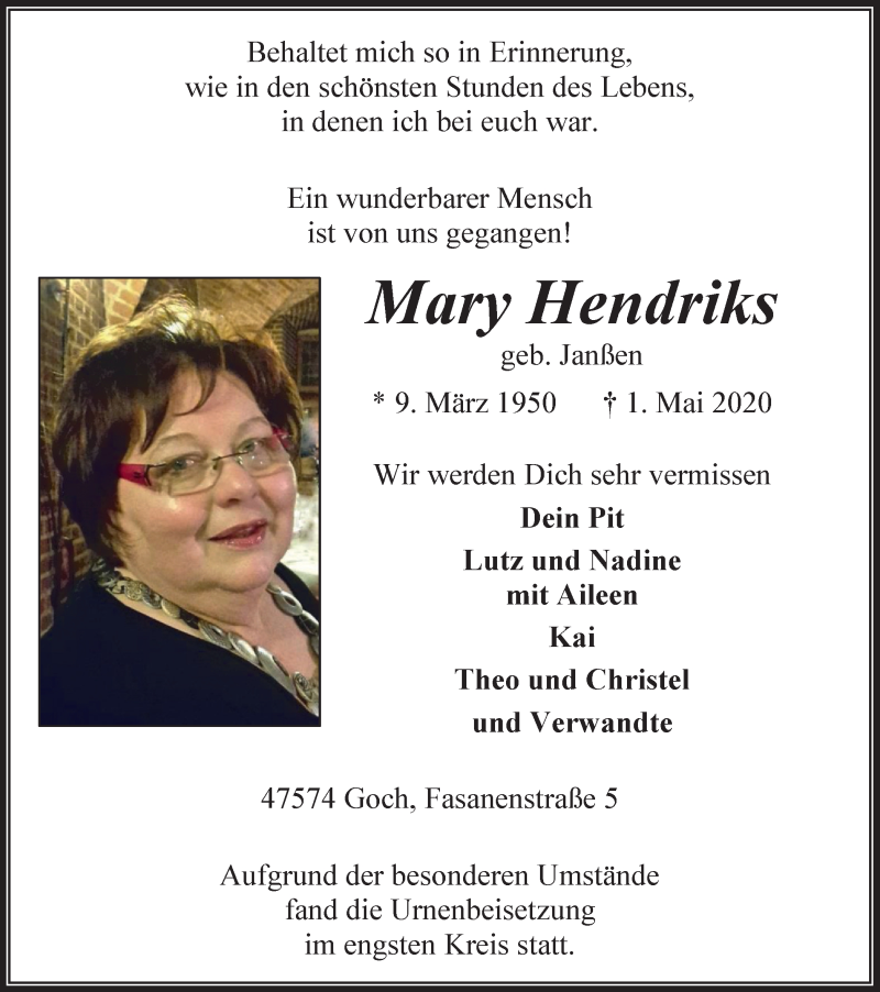 Traueranzeigen von Mary Hendriks | Trauer-in-NRW.de