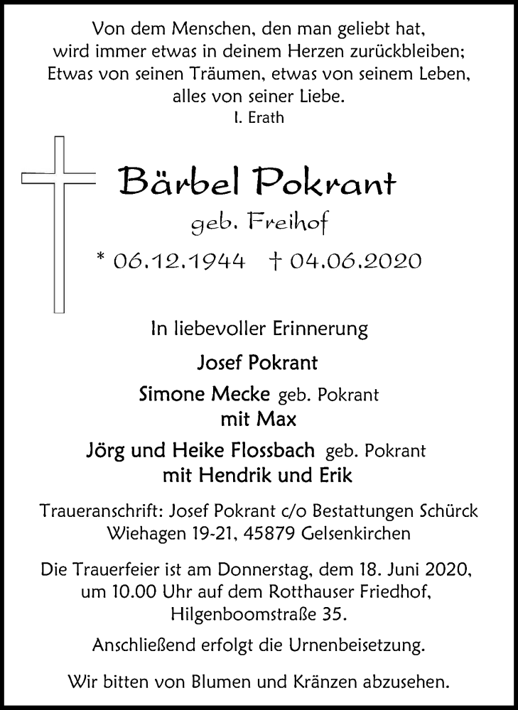 Traueranzeigen von Bärbel Pokrant | Trauer-in-NRW.de