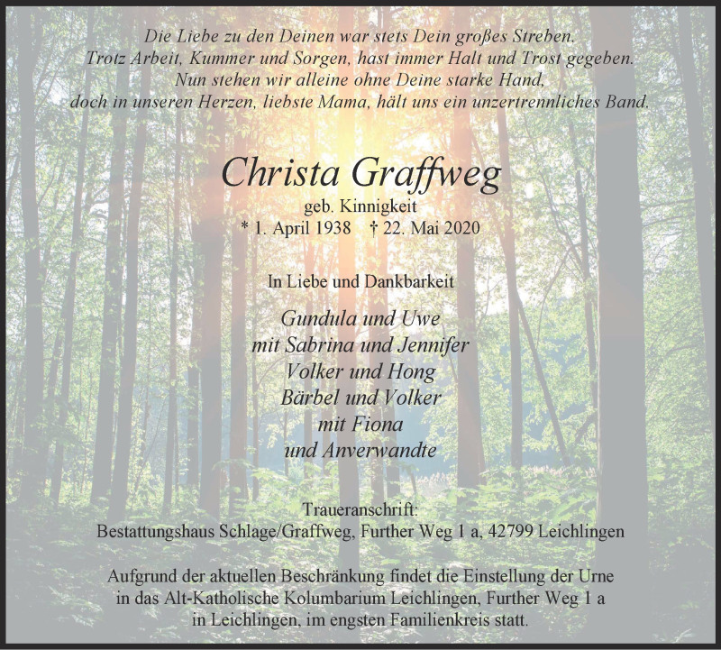 Traueranzeigen von Christa Graffweg | Trauer-in-NRW.de