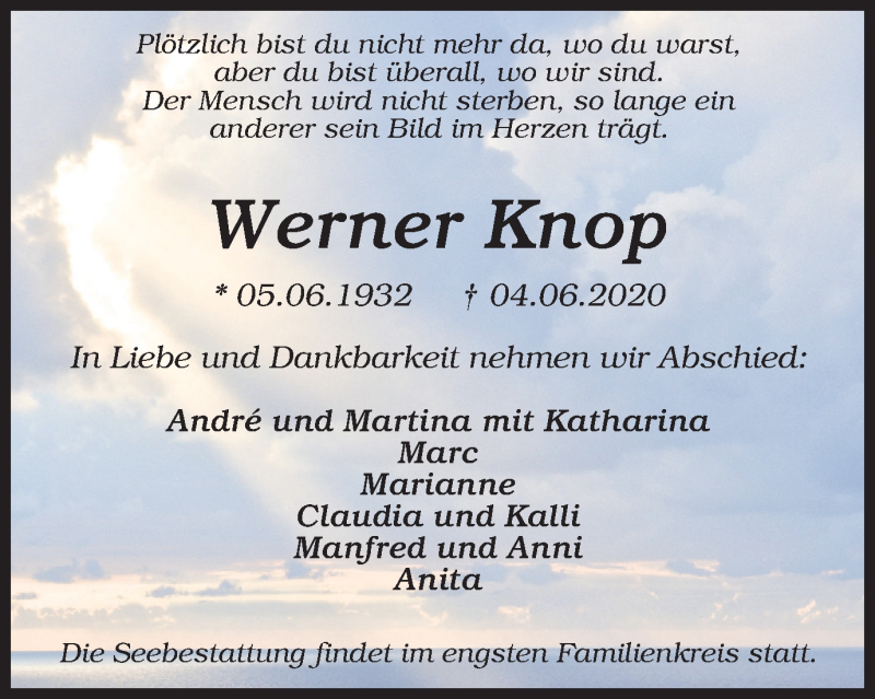 Traueranzeigen von Werner Knop | Trauer-in-NRW.de