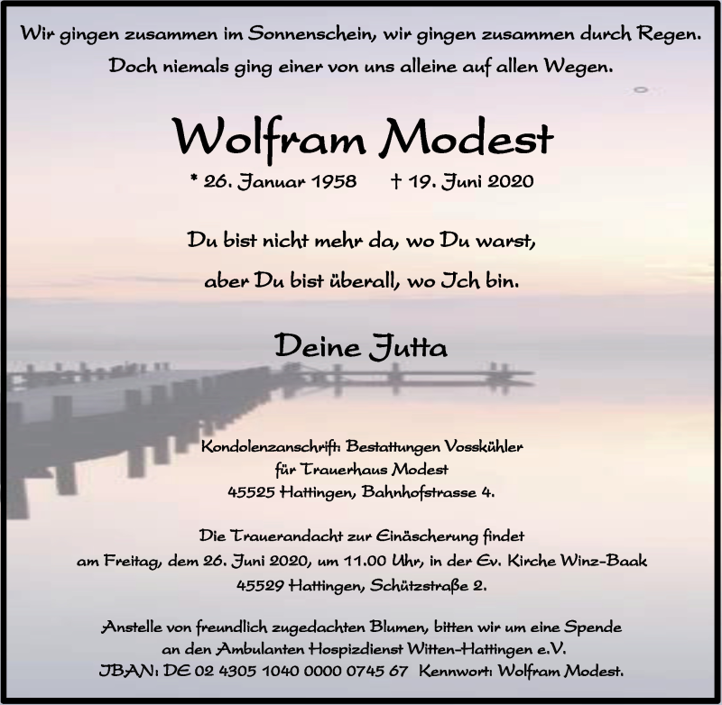 Traueranzeigen von Wolfram Modest | Trauer-in-NRW.de