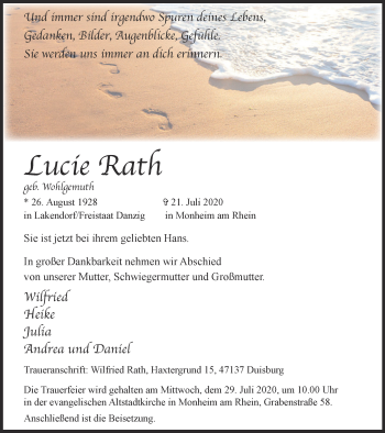 Traueranzeigen von Lucie Rath | Trauer-in-NRW.de