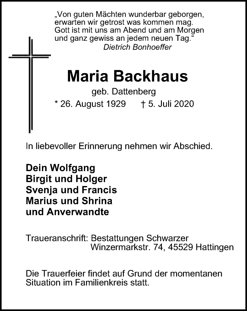 Traueranzeigen von Maria Backhaus | Trauer-in-NRW.de