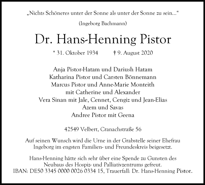 Traueranzeigen von Hans-Henning Pistor | Trauer-in-NRW.de