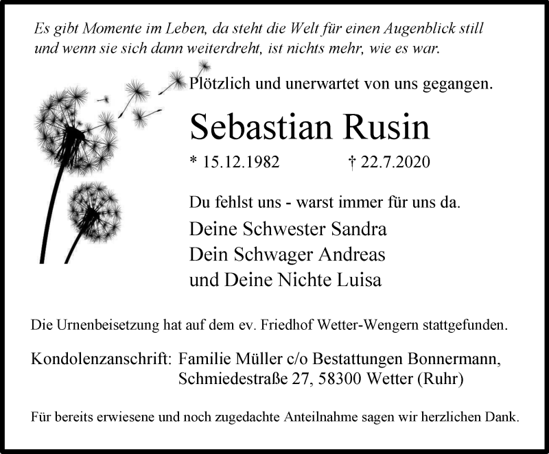 Traueranzeigen von Sebastian Rusin | Trauer-in-NRW.de