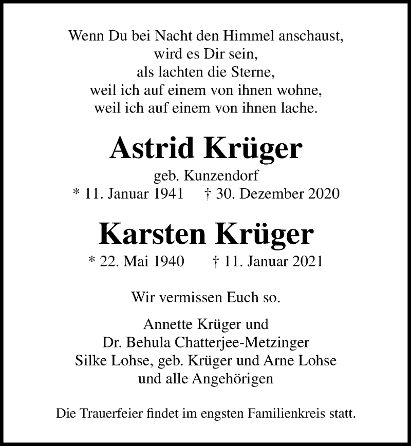 Traueranzeigen von Astrid und Karsten Krüger | Trauer-in-NRW.de