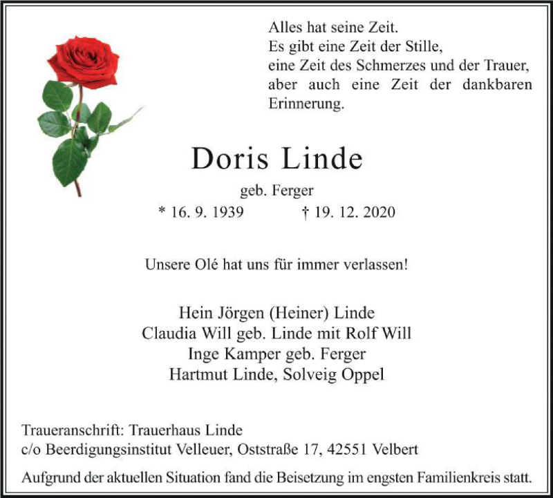 Traueranzeigen von Doris Linde | Trauer-in-NRW.de