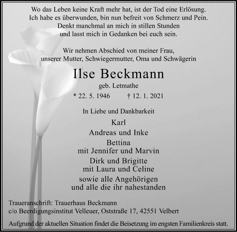 Traueranzeigen von Ilse Beckmann | Trauer-in-NRW.de