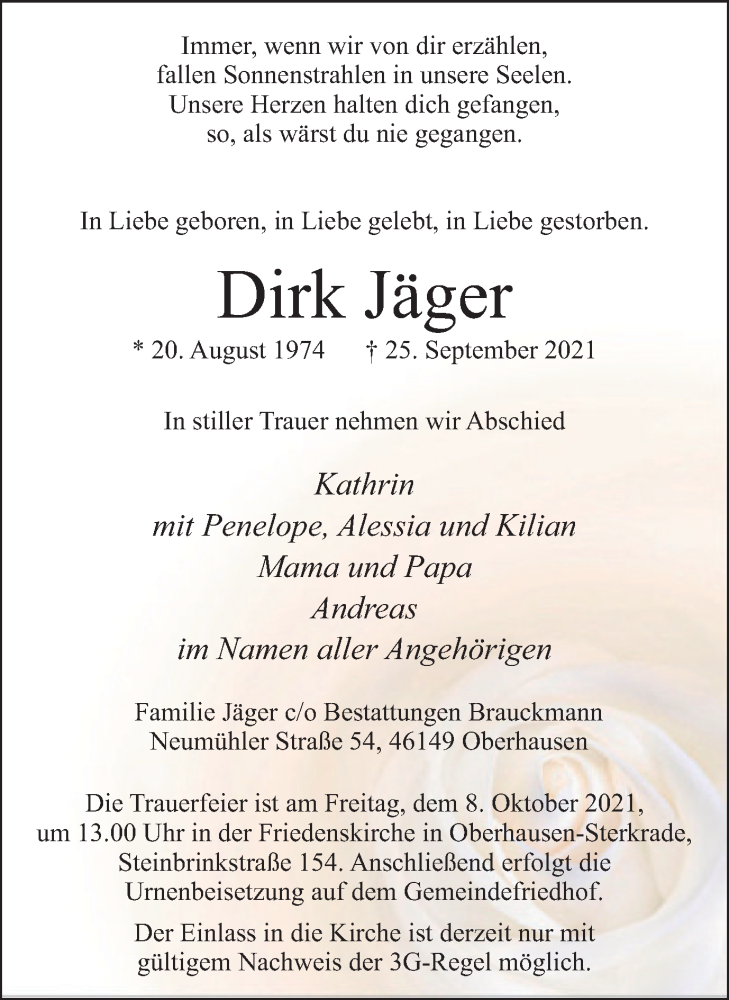 Traueranzeigen von Dirk Jäger | Trauer-in-NRW.de