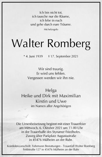 Traueranzeigen von Walter Romberg | Trauer-in-NRW.de