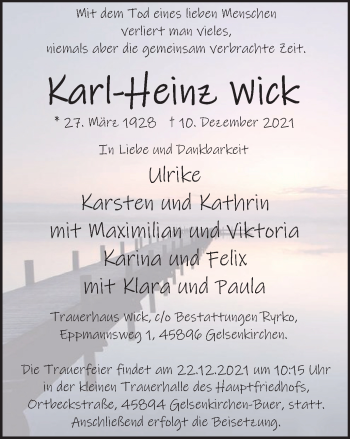 Traueranzeigen von Karl-Heinz Wick | Trauer-in-NRW.de