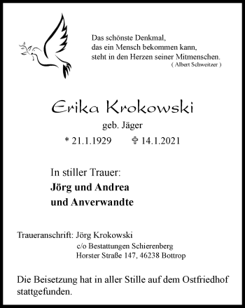 Traueranzeigen von Erika Krokowski | Trauer-in-NRW.de
