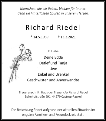 Traueranzeigen von Richard Riedel | Trauer-in-NRW.de