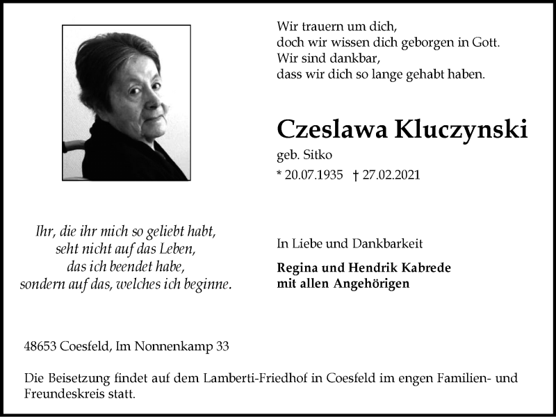 Traueranzeigen von Czeslawa Kluczynski | Trauer-in-NRW.de