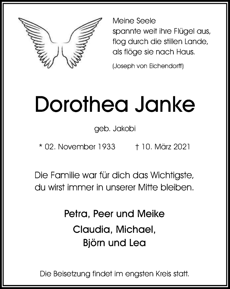 Traueranzeigen von Dorothea Janke | Trauer-in-NRW.de