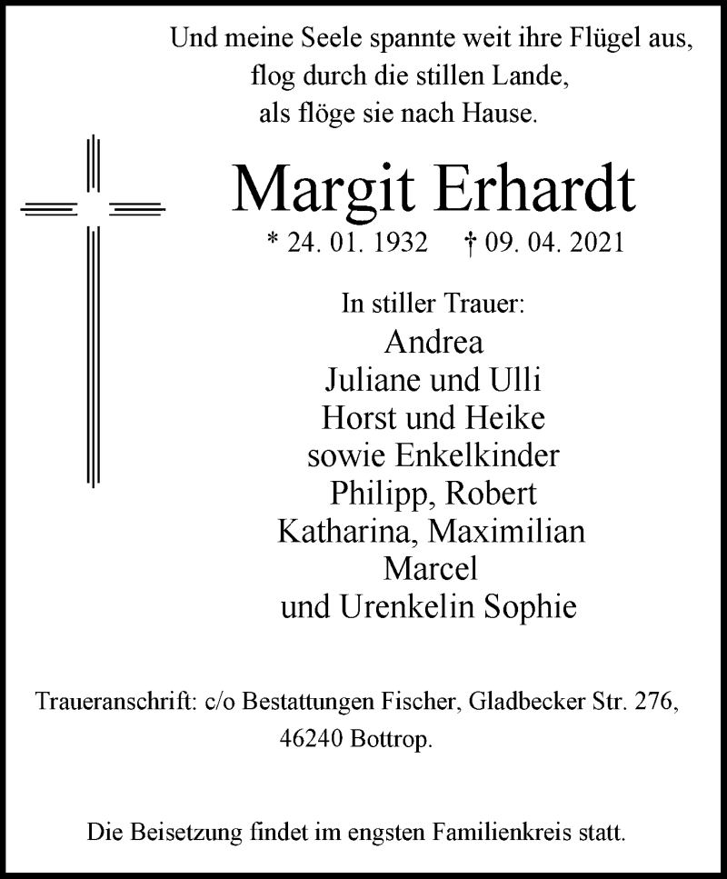 Traueranzeigen von Margit Erhardt | Trauer-in-NRW.de