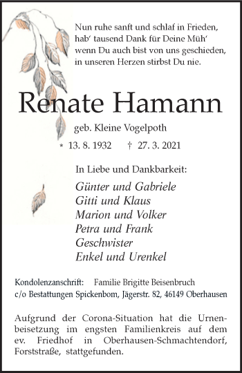 Traueranzeigen von Renate Hamann | Trauer-in-NRW.de