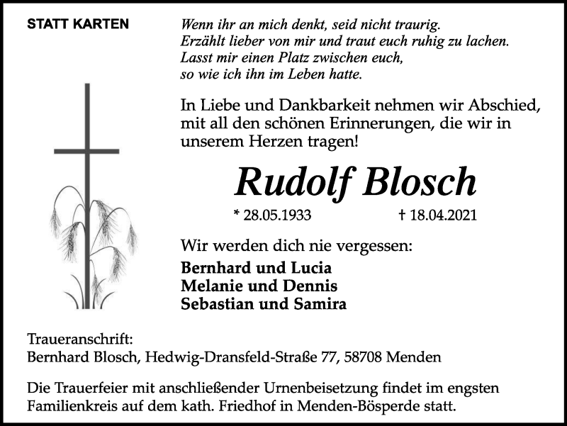 Traueranzeigen von Rudolf Blosch | Trauer-in-NRW.de
