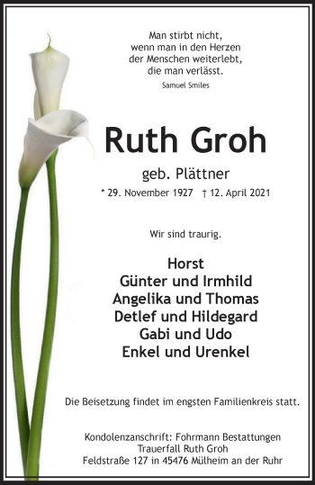 Traueranzeigen von Ruth Groh | Trauer-in-NRW.de