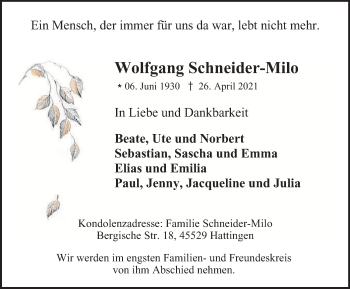 Traueranzeigen von Wolfgang Schneider-Milo | Trauer-in-NRW.de